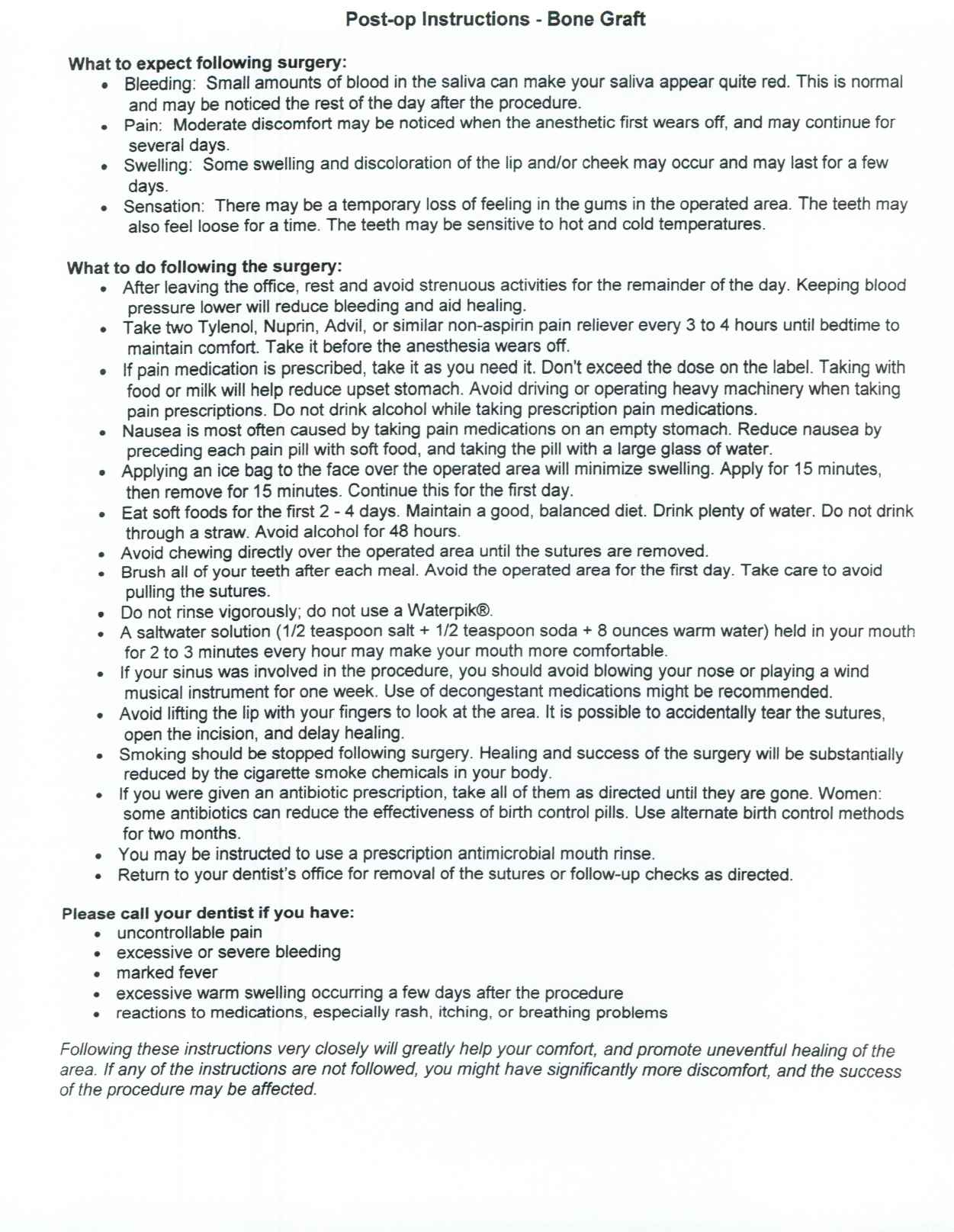 Post Op Extraction Instructions Printable